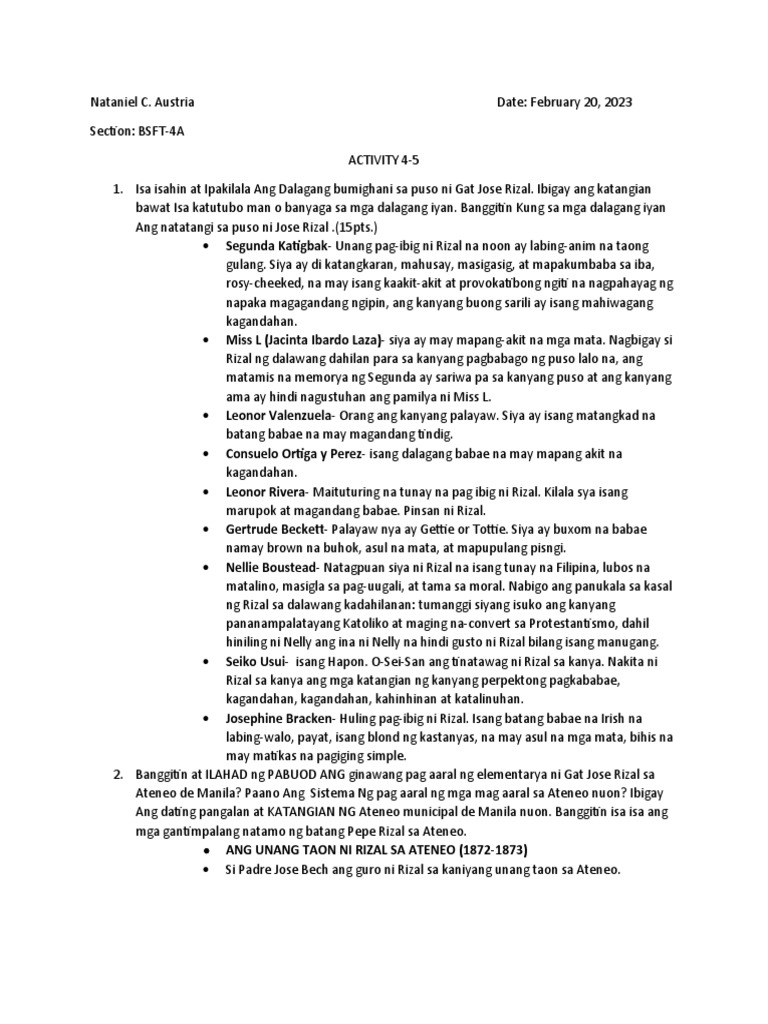 Activity 4-5, Life and Works of Rizal | PDF