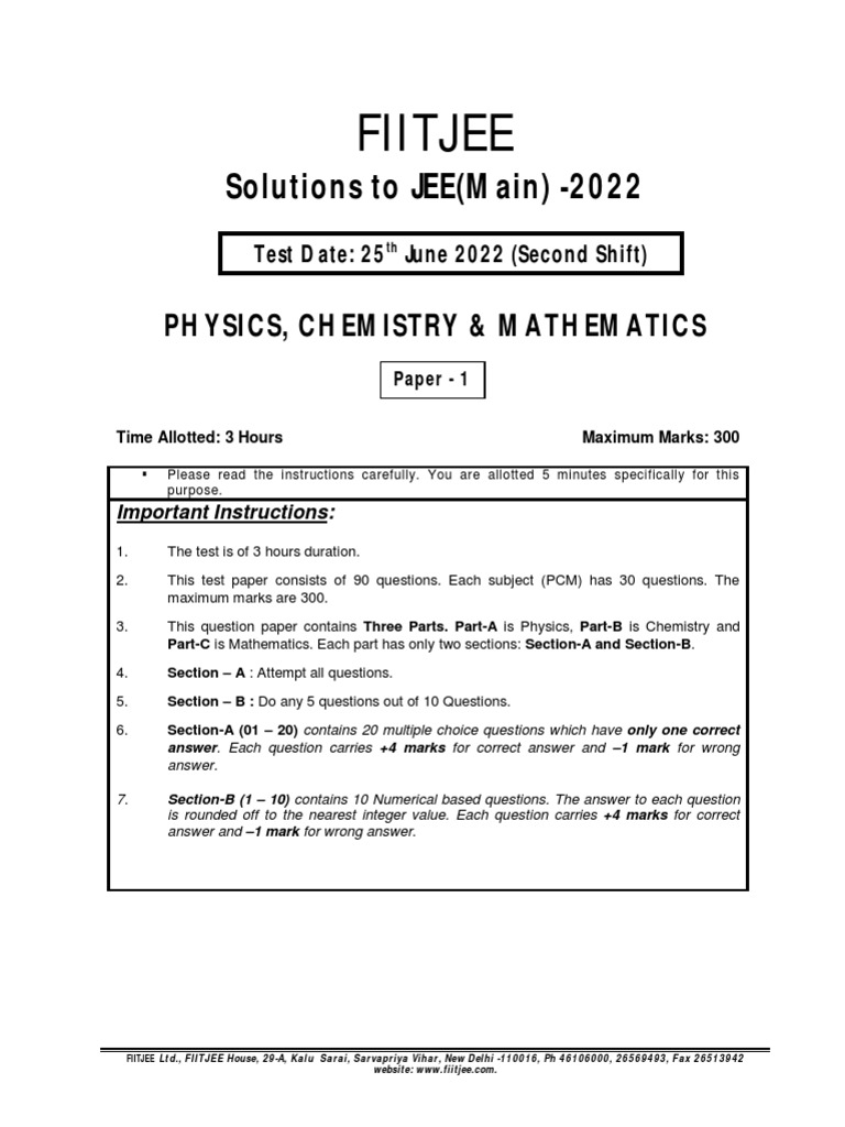 FIITJEE JEE(Main) 2022 Solutions | PDF | Reflection (Physics ...