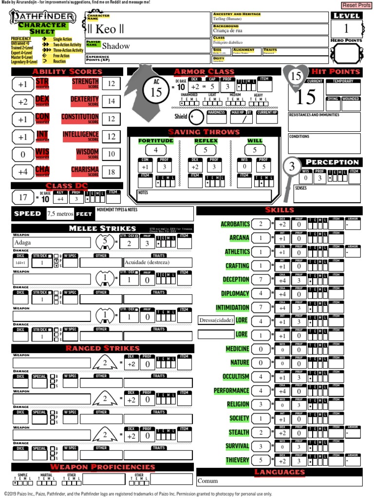 Ficha Shadow Pathfinder 2e 1 | PDF | Fantasy Games | Gary Gygax Games