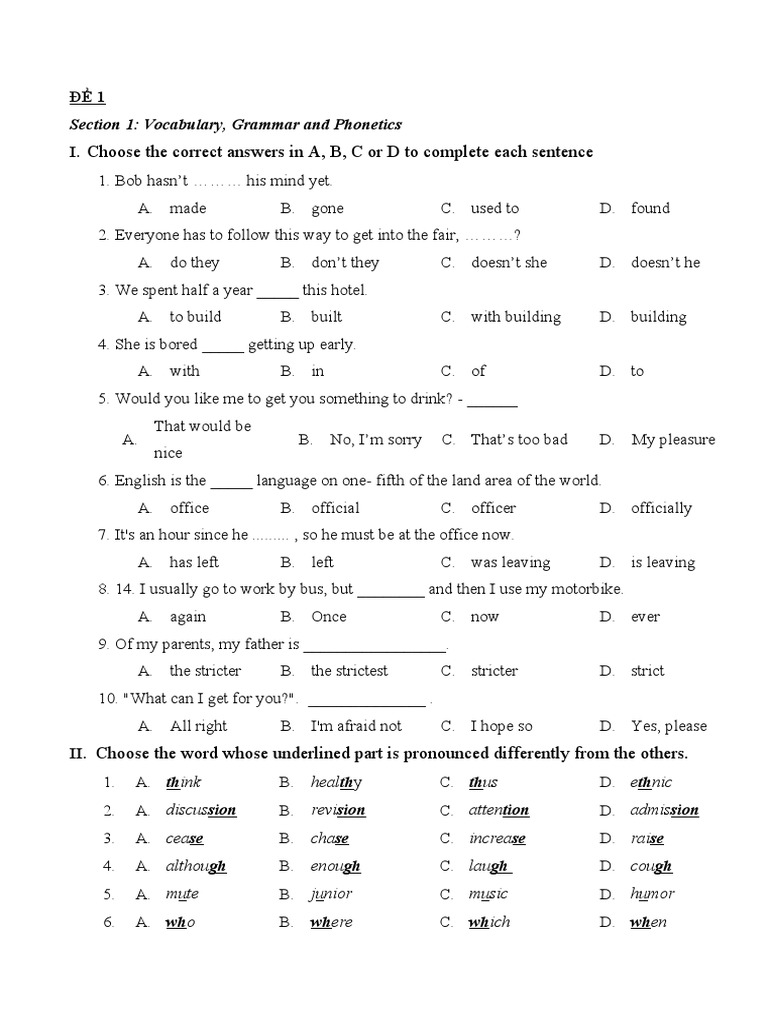 Choose The Correct Answers in A, B, C or D To Complete Each Sentence ...