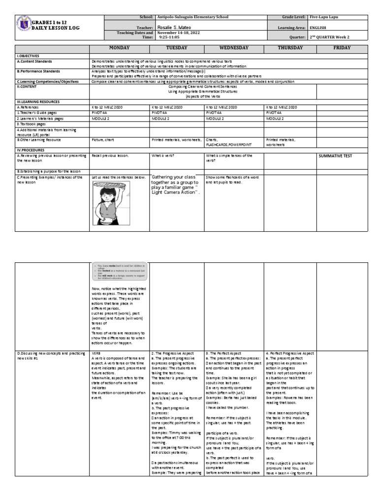 DLL G5-English Q2 W2 | PDF | Grammatical Tense | Verb