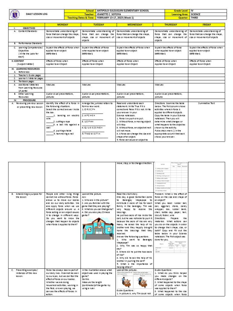 DLL - SCIENCE 4 - Q3 - WEEK 1 Explain The Effects of Force | PDF ...