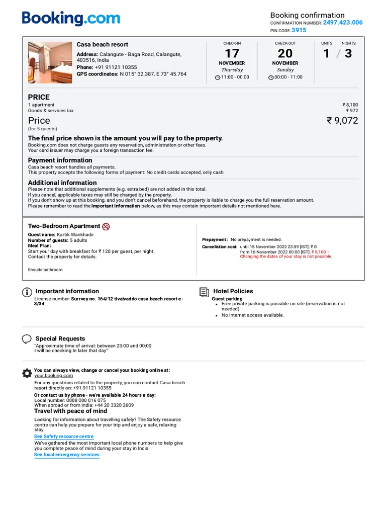 Booking Confirmation | Download Free PDF | Fee | Credit Card