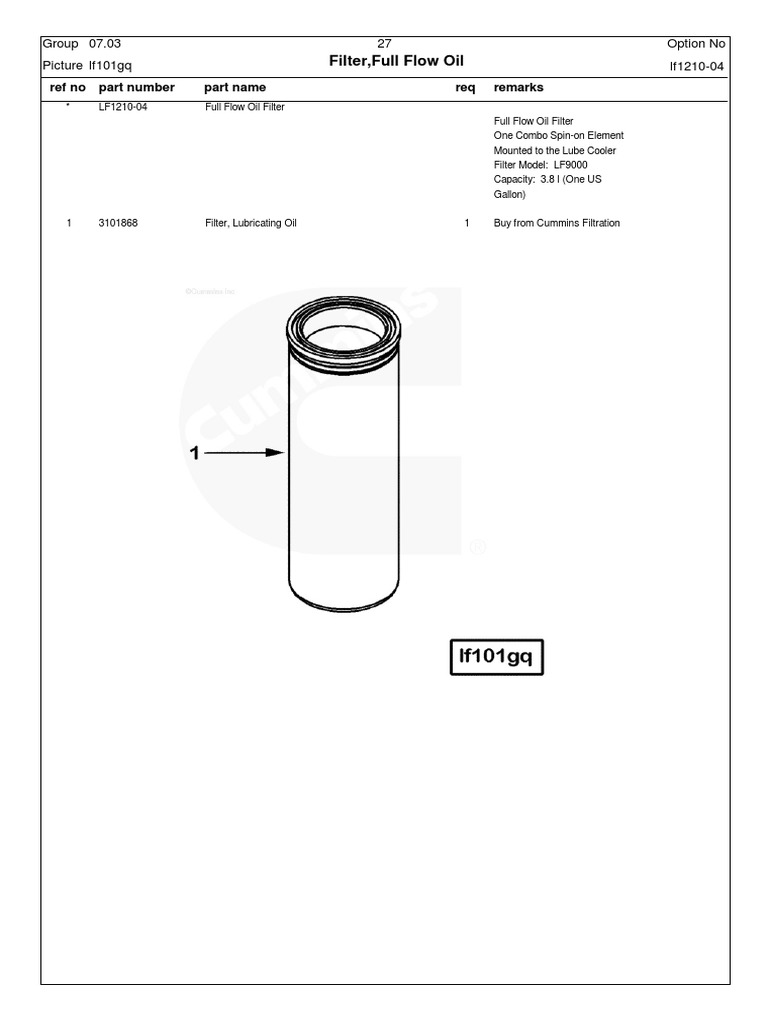 Filter, Full Flow Oil: Ref No Part Number Part Name Req Remarks | PDF