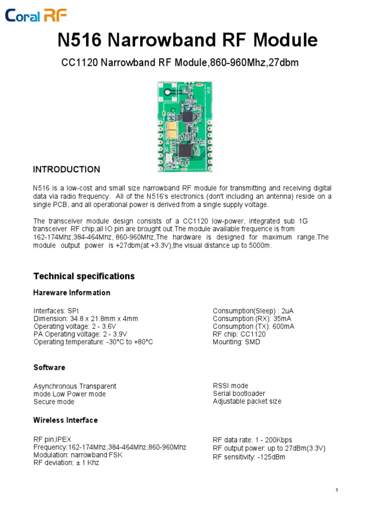 N516 CC1120 Narrowband Spi RF Module, 27dbm | PDF | Computers