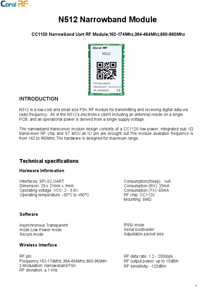 N512 CC1120 Narrowband Uart RF Module | PDF | Microcontroller | Radio