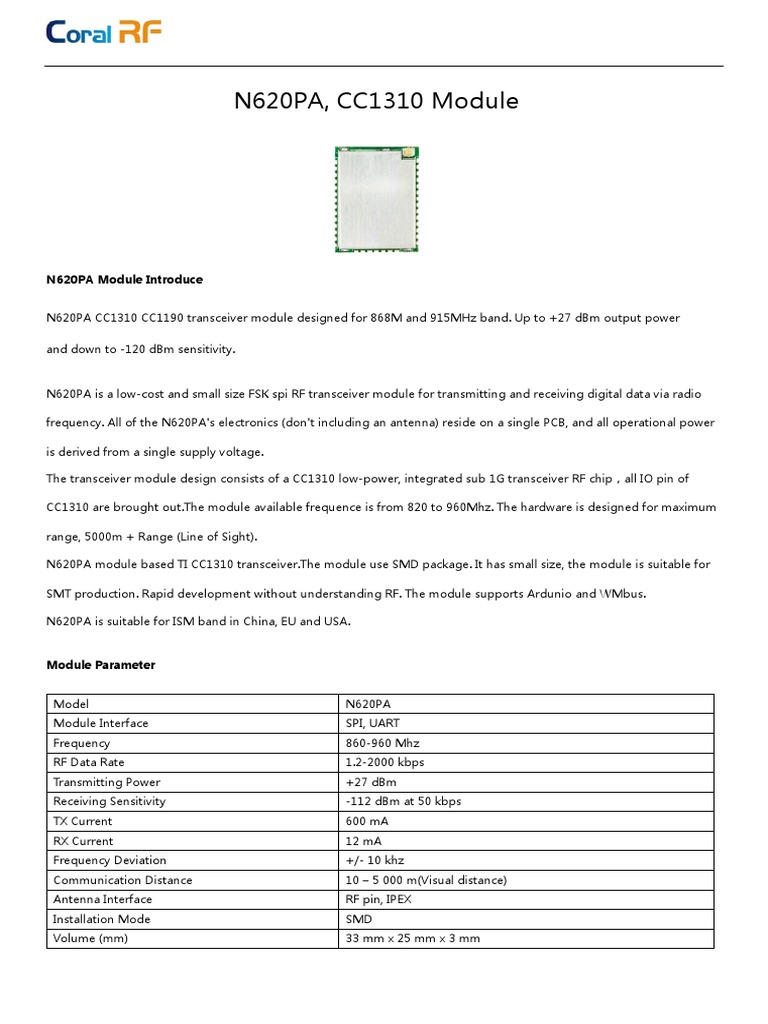 N620PA, CC1310 Module,+27dBm | PDF | Telecommunications | Computing