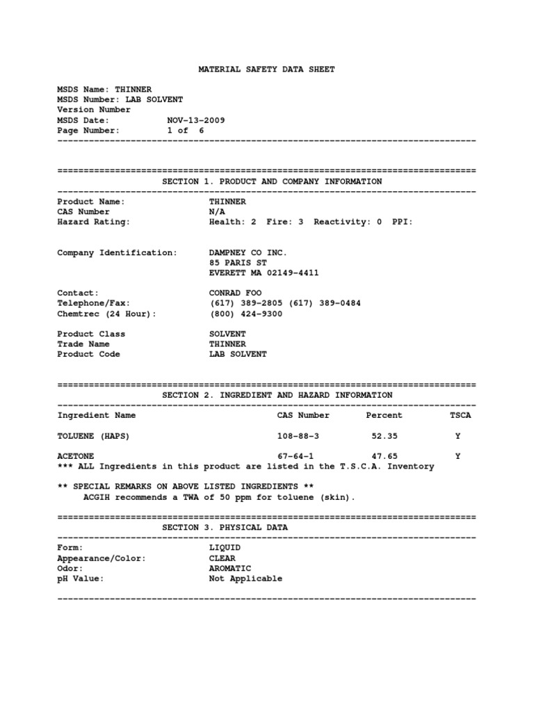 Thinner MSDS: Safety & Hazard Information | PDF | Solvent | Hypothermia