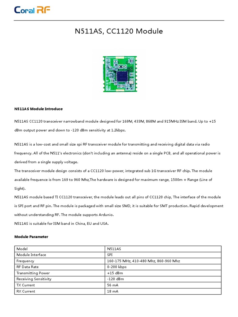 N511AS, CC1120 Module,+15dBm | PDF | Manufactured Goods | Radio