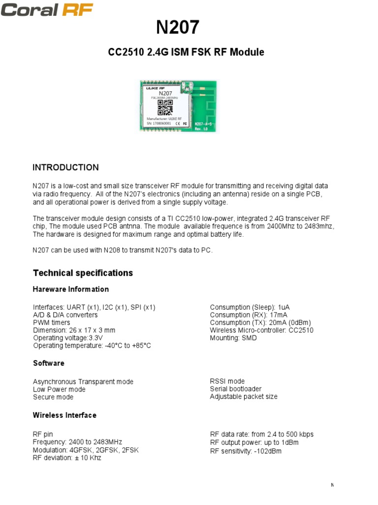 CC2510 2.4G ISM FSK RF Module: Technical Specifications | PDF | Radio ...