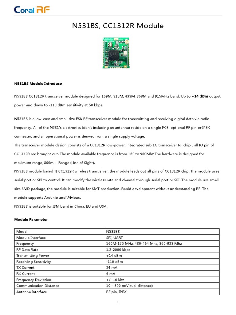 N531BS CC1312R RF Transceiver Module | PDF | Radio | Transmitter