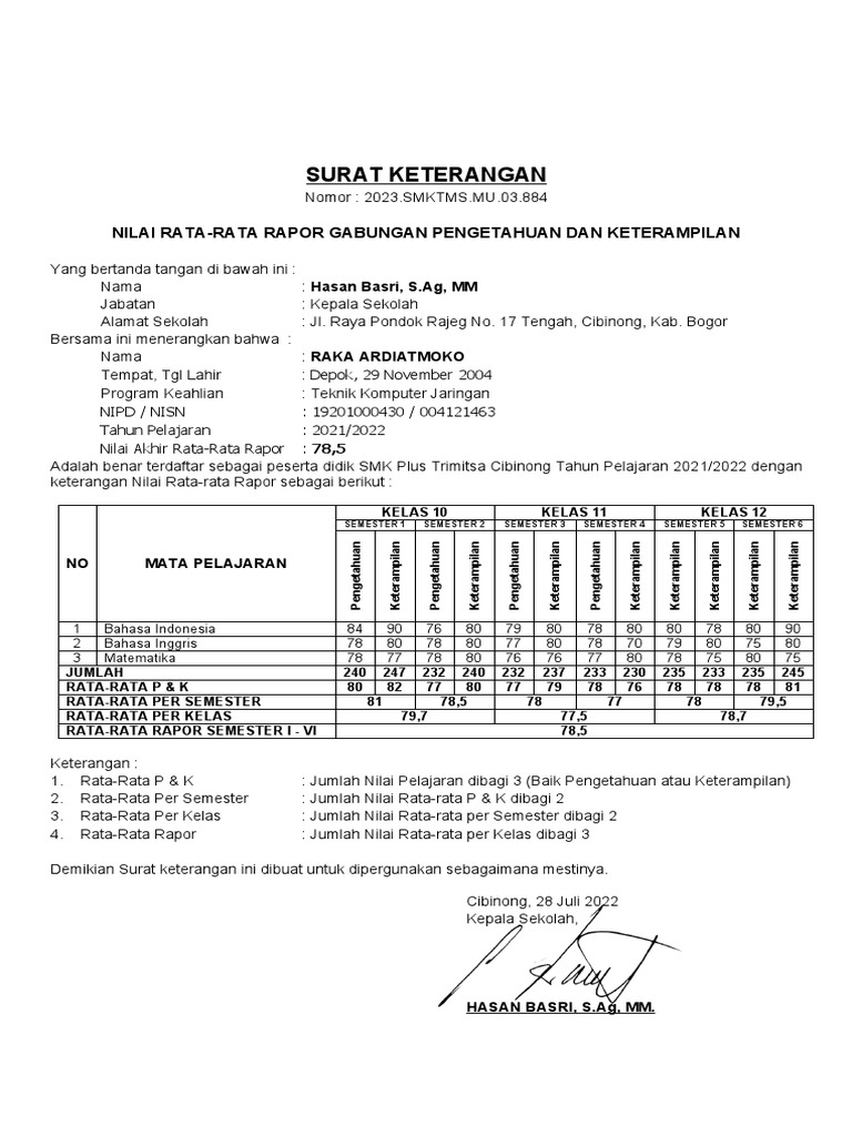 Surat Keterangan: Nilai Rata-Rata Rapor Gabungan Pengetahuan Dan Keterampilan | PDF