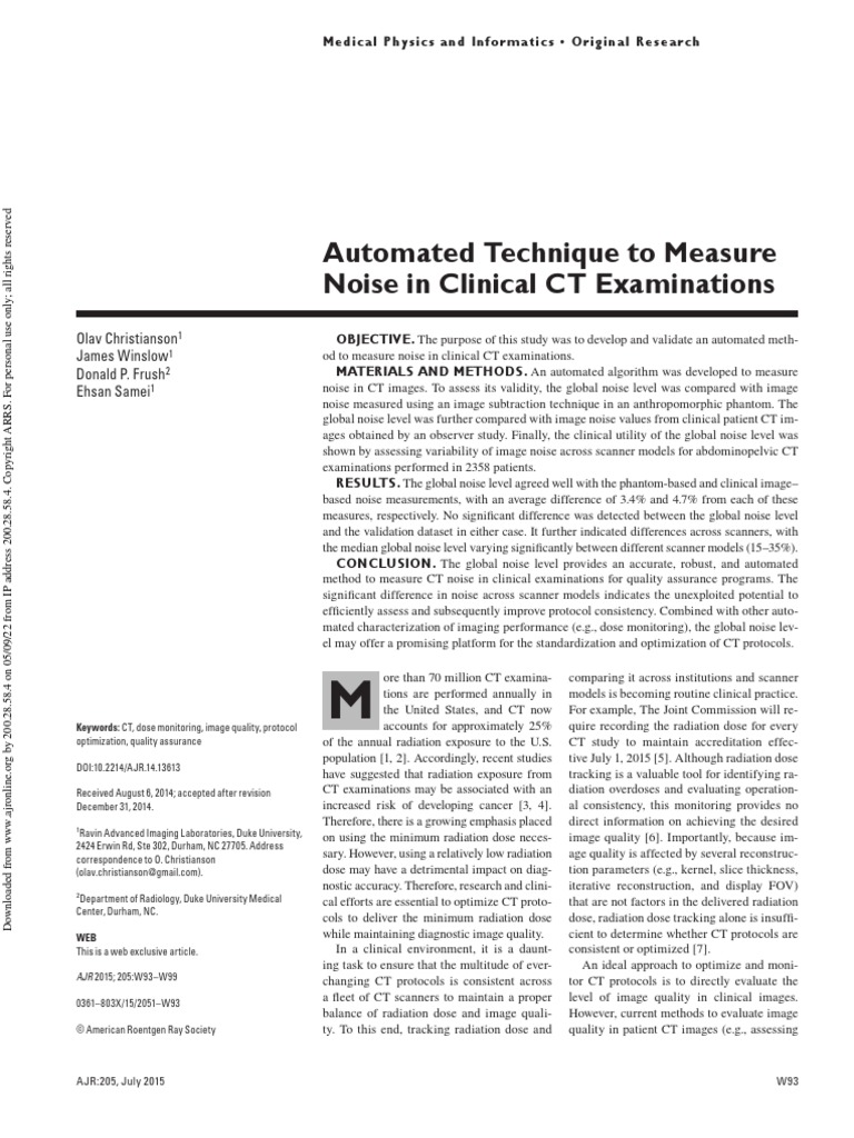 Automated Technique To Measure Noise in Clinical CT Examinations | PDF | Ct Scan