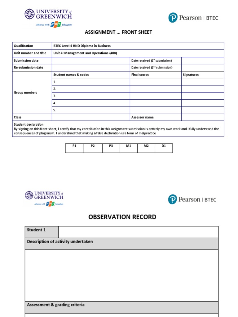 Unit4 - 488 - Assignment 1 Frontsheet (Group) | PDF