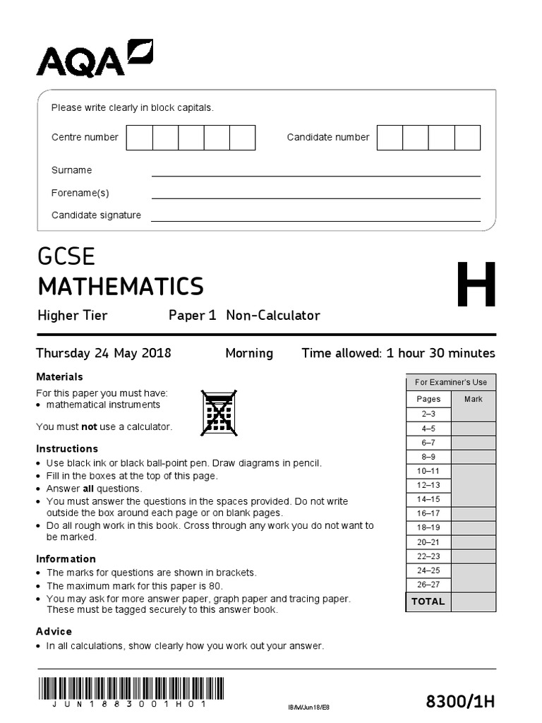 June 2018 QP - Paper 1 H AQA Maths GCSE | PDF | Trigonometric Functions ...