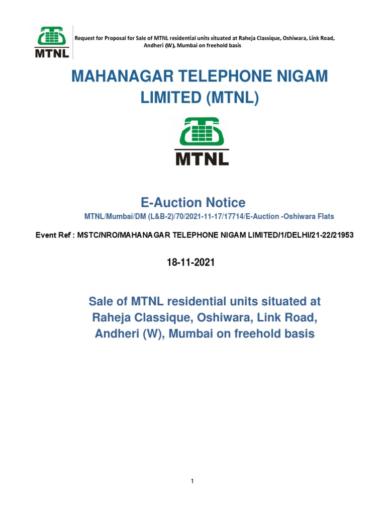 2411 RFP Oshiwara Flats Mumbai MTNL | PDF | Auction | Request For Proposal