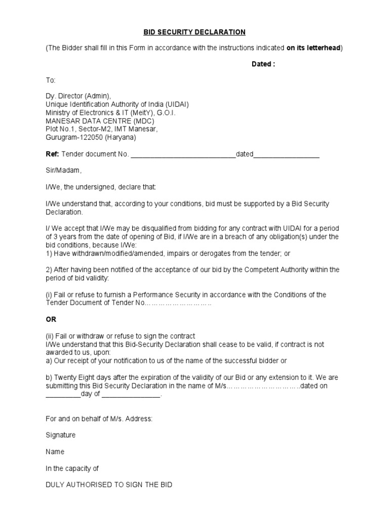 BID SECURITY DECLARATION - Sameer - Srivastava@uidai - Net.in | PDF