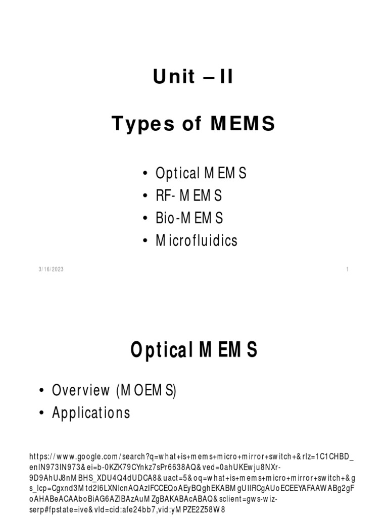 Unit - II Types of MEMS: - Optical MEMS - Rf-Mems - Bio-MEMS - Microfluidics | PDF | Biosensor ...