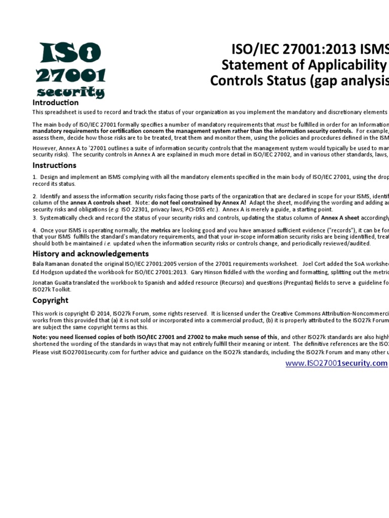 Iso/Iec 27001:2013 Isms Status, Statement of Applicability (Soa) and ...
