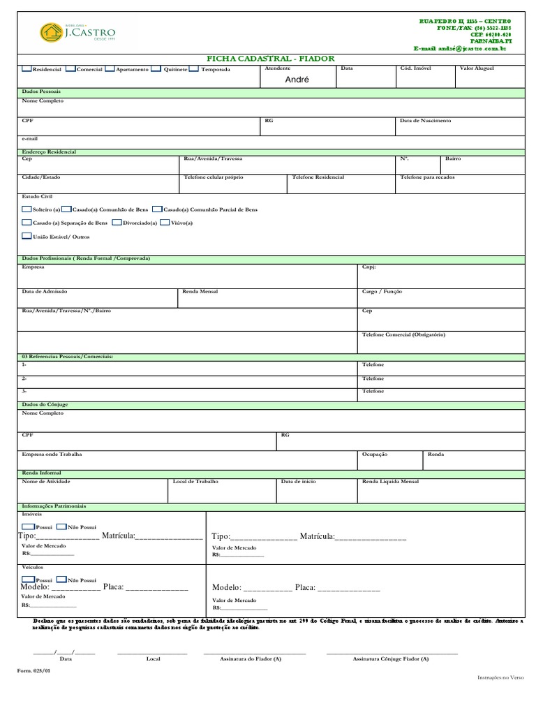 Ficha Cadastral Fiador Atualizada | PDF | Economias