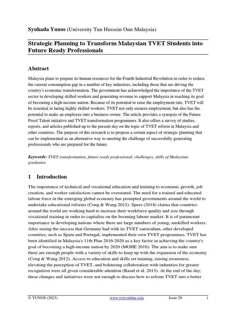 Strategic Planning To Transform Malaysian TVET Students Into Future ...