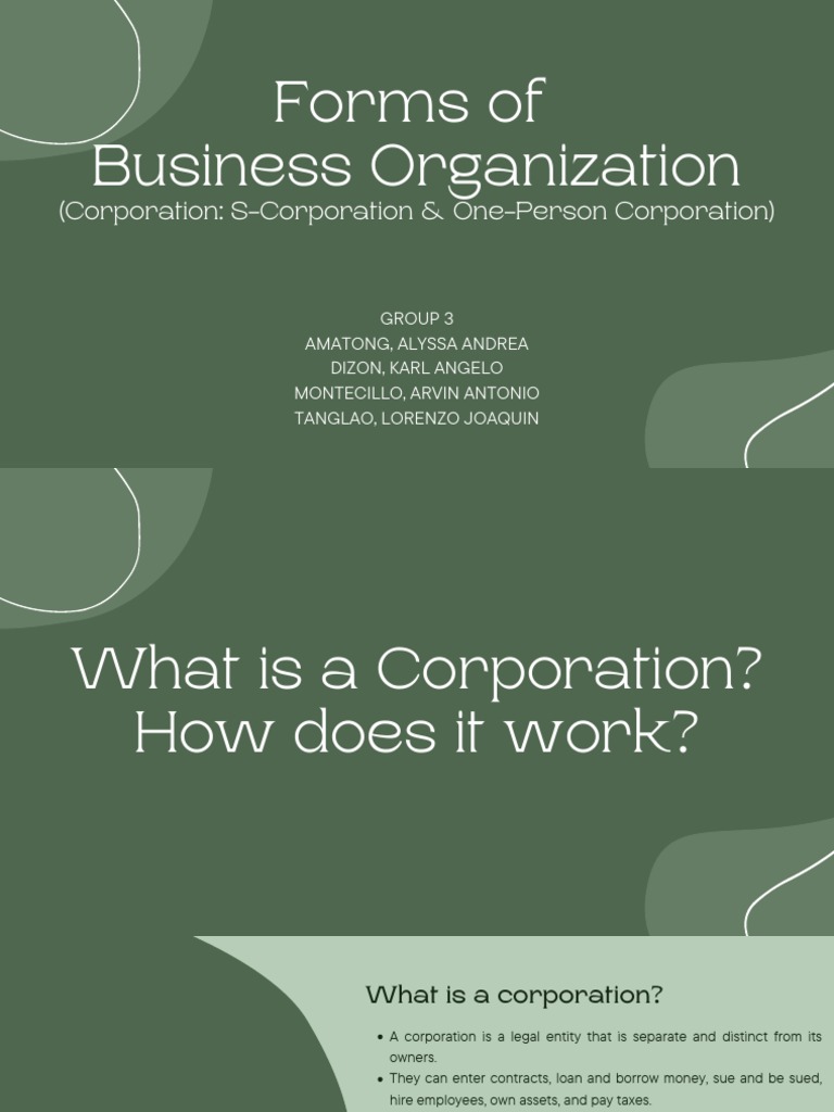 Forms of Business Organization: (Corporation: S-Corporation & One ...