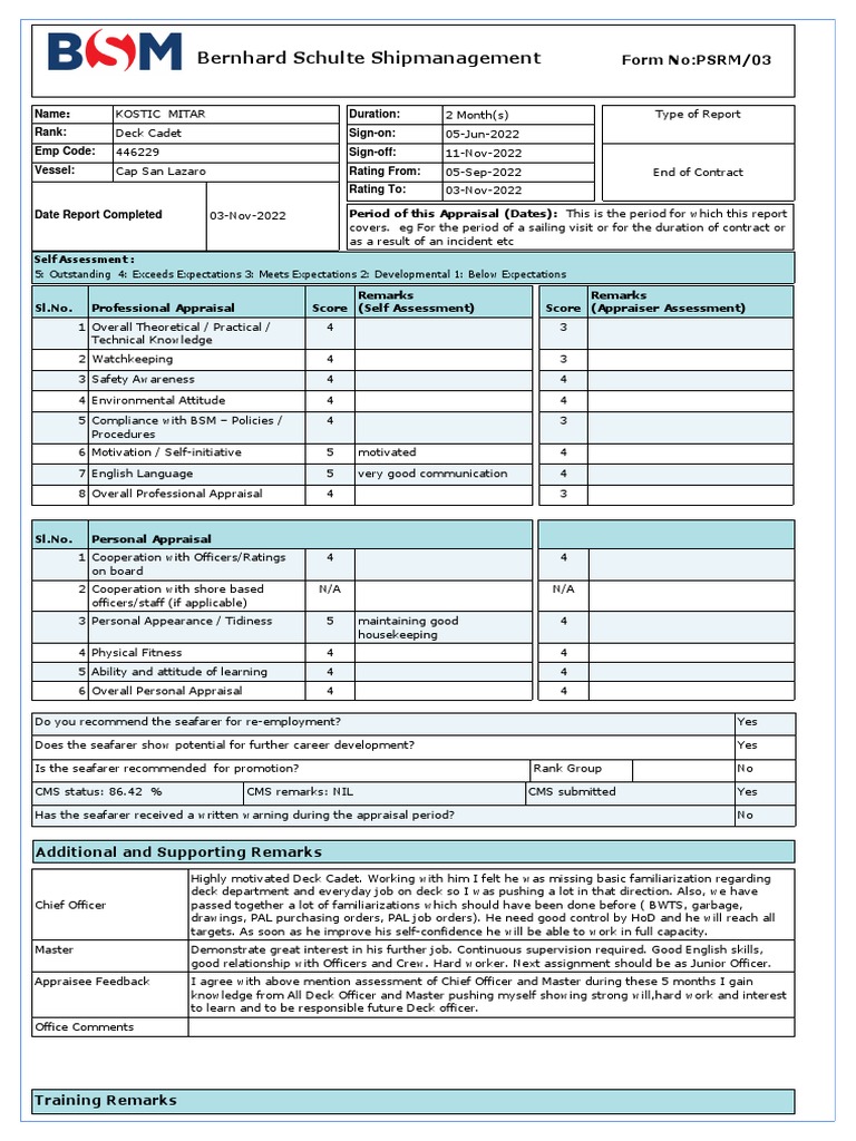 Bernhard Schulte Shipmanagement: Form No:PSRM/03 | PDF | Psychology | Cognitive Science