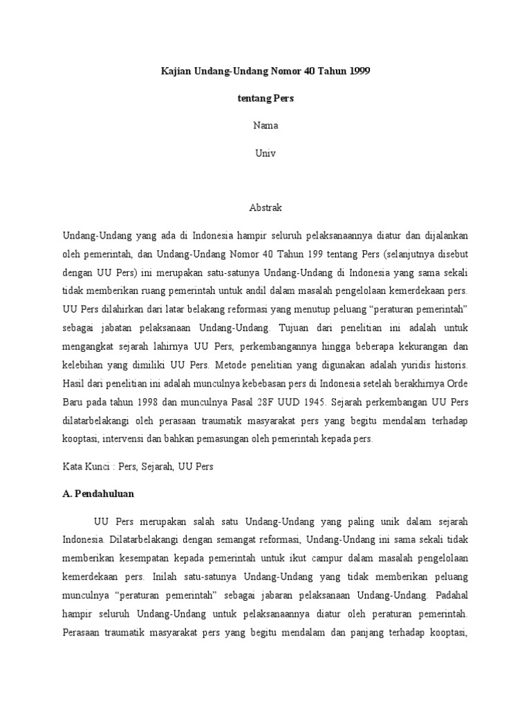 Kajian Undang-Undang Nomor 40 Tahun 1999 Tentang PERS Di Indonesia | PDF
