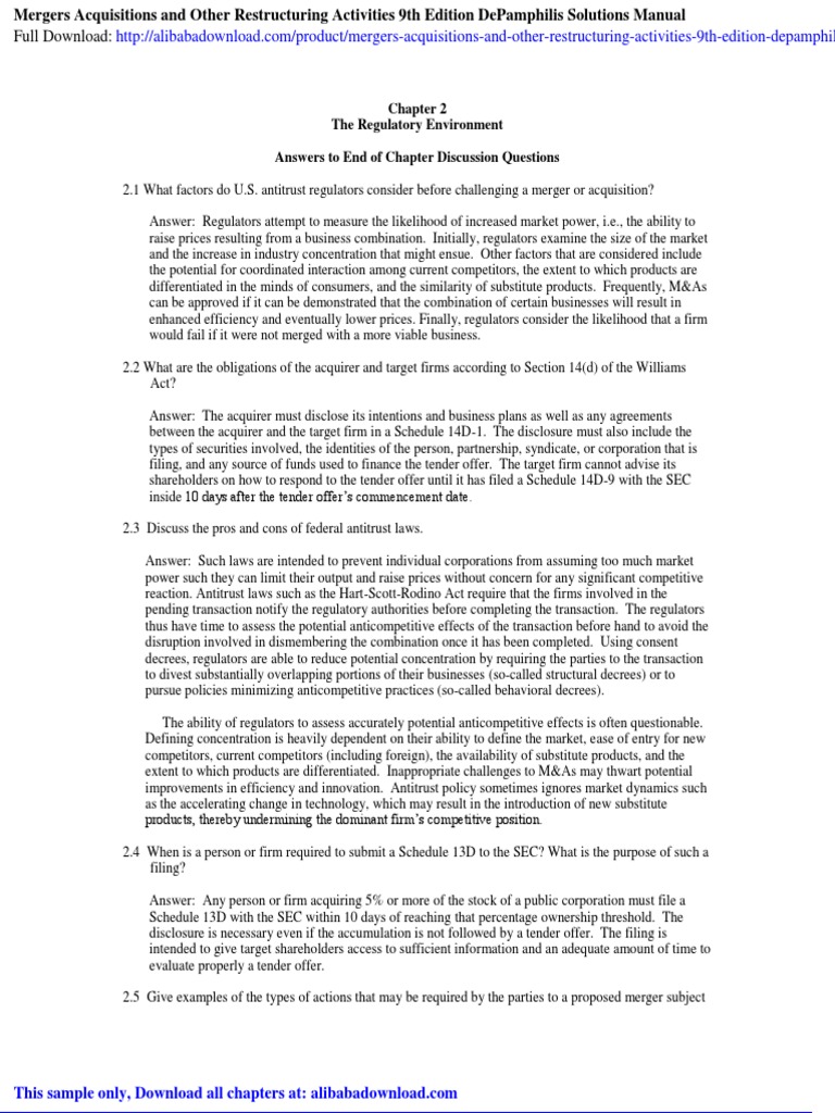 Mergers Acquisitions and Other Restructuring Activities 9th Edition DePamphilis Solutions Manual ...