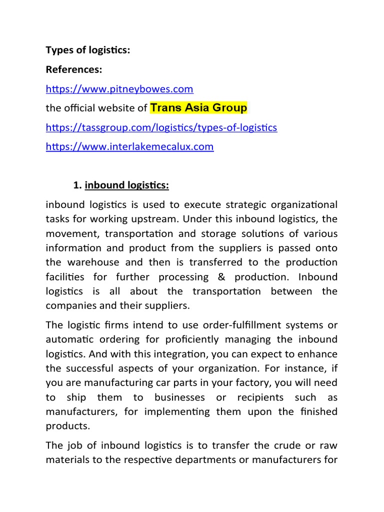 Types of Logistics | PDF | Logistics | E Commerce