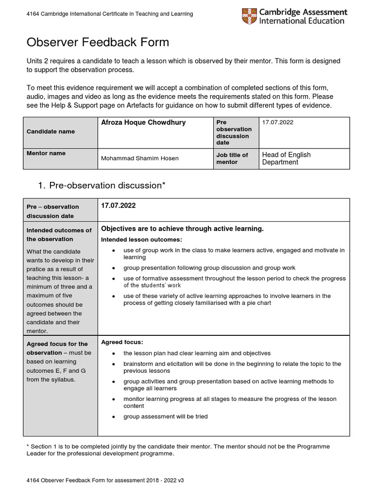 Unit 2 Observer Feedback-Ms Afroza Hoque Chowdhury | PDF