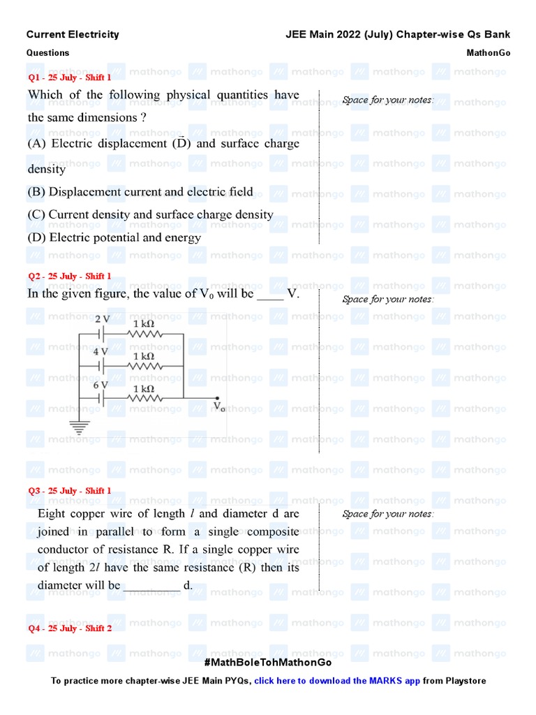 JEE Main 2022 Current Electricity Qs | PDF