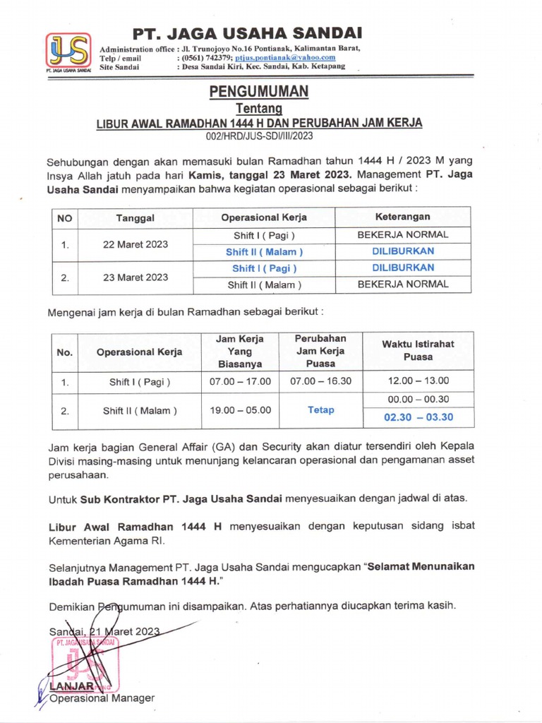 Pengumuman Libur Awal Ramadhan 1444 H | PDF