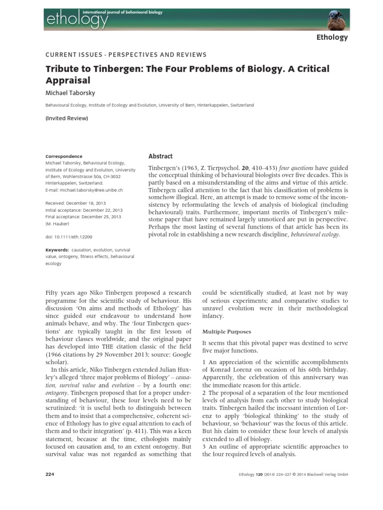 Tribute To Tinbergen - The Four Problems of Biology | PDF | Ethology ...