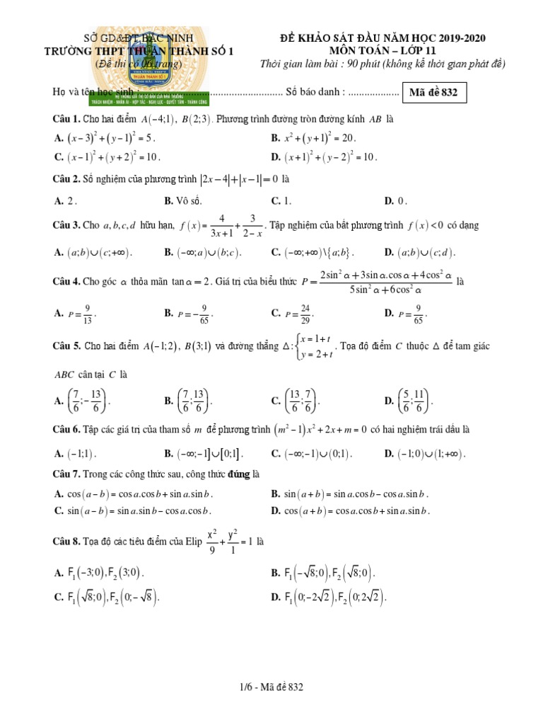 De Khao Sat Toan 11 Dau Nam Hoc 2019 2020 Truong Thuan Thanh 1 Bac Ninh | PDF