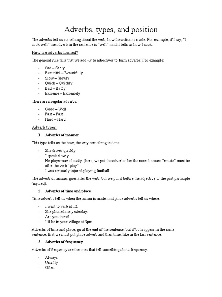 Adverbs, Types, and Position | PDF | Adverb | Verb