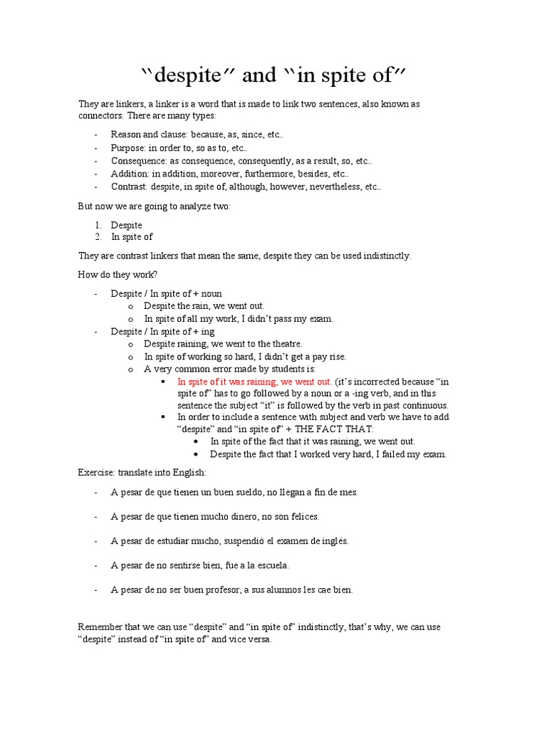 "Despite" and "In Spite Of" | PDF | Sentence (Linguistics) | Verb