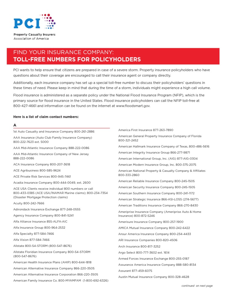 Insurance Company Toll-Free Numbers | PDF | Insurance | Flood Insurance