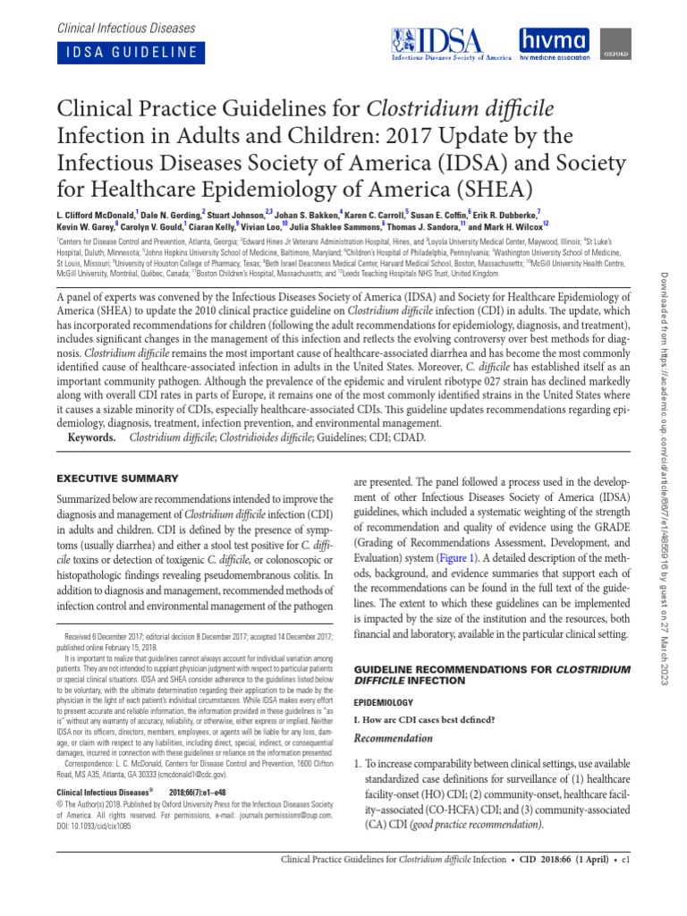 Guidelines On Management of Clostridioides Difficile Infection in ...