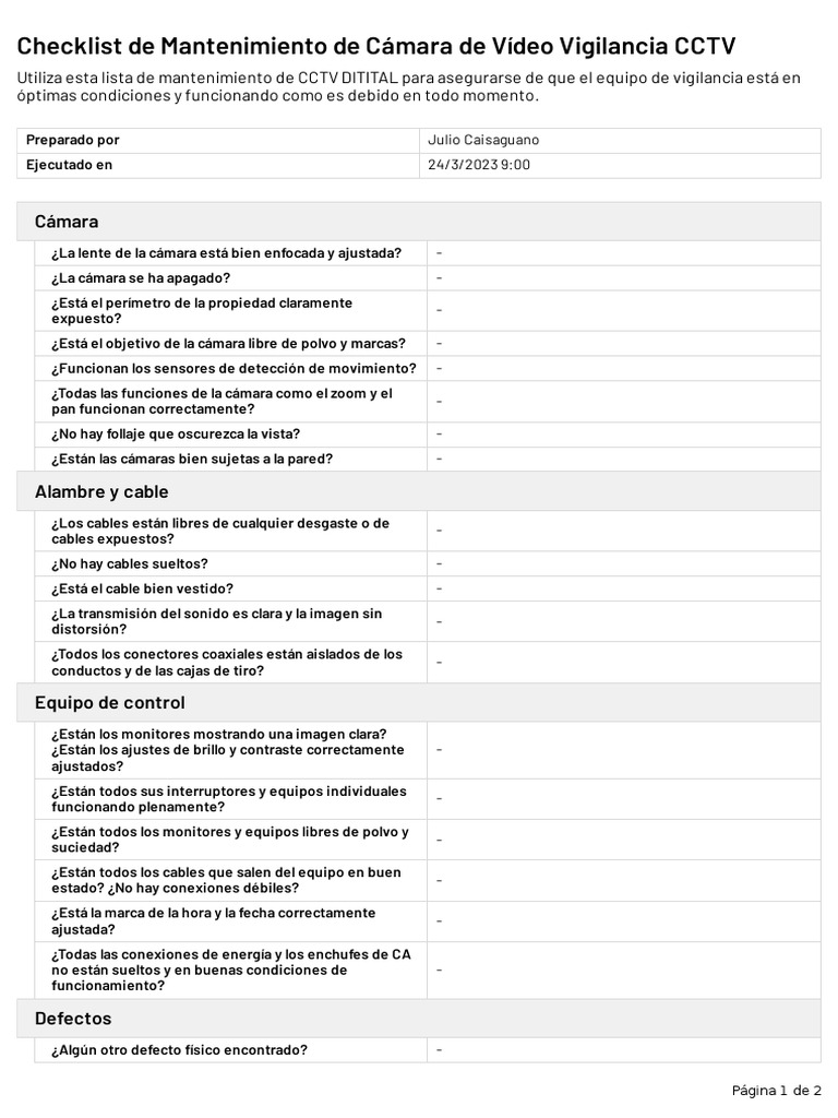 Checklist de Mantenimiento de Cmara de Vdeo Vigilancia CCTV | PDF | Circuito cerrado de ...