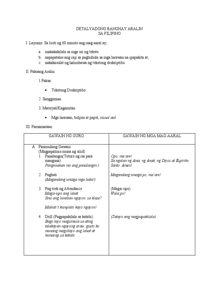 Banghay Aralin Sa Filipino Final | PDF