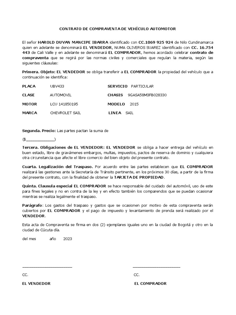 Contrato de Compraventa de Vehículo Automotor1 | PDF | Finanzas y dinero | Derecho