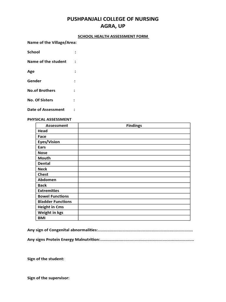 School Health Assessment Form Pdf