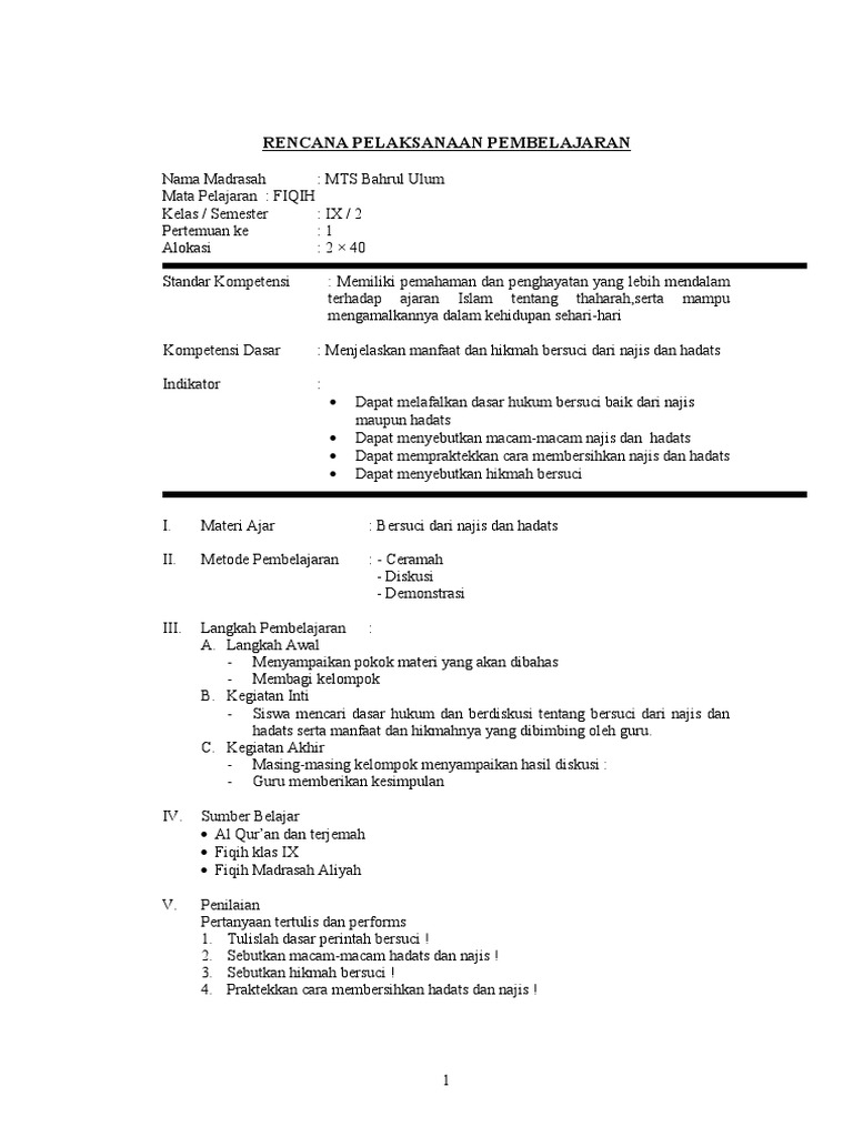 RPP Fikih Bersuci Dari Najis Dan Hadats | PDF