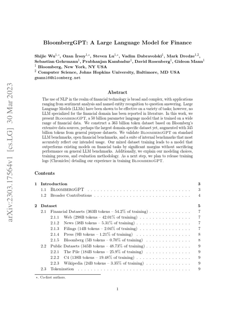 Bloomberggpt: A Large Language Model For Finance: . Co-First Authors | PDF | Computing