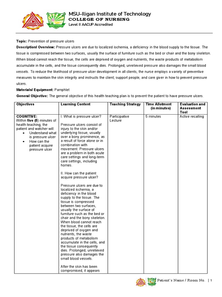 Pressure Ulcer Prevention Teaching Plan | PDF | Self-Improvement