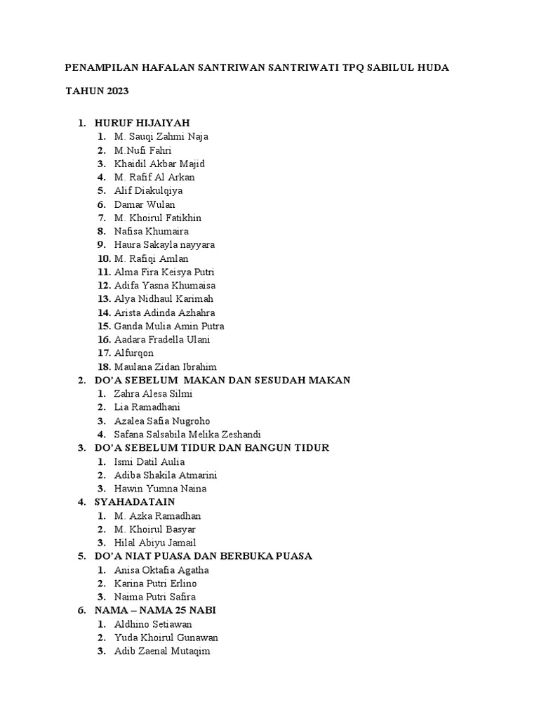 PENAMPILAN HAFALAN SANTRIWAN SANTRIWATI TPQ SABILUL HUDA | PDF