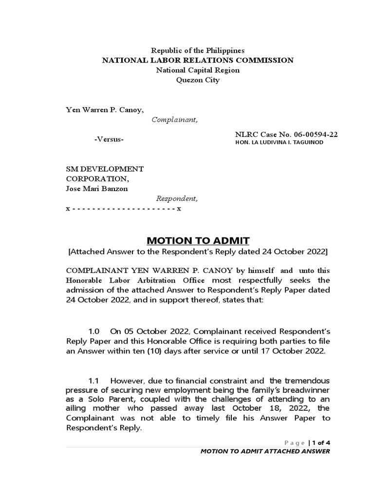 Canoy's Motion To Admit Answer | PDF | Affidavit | Justice