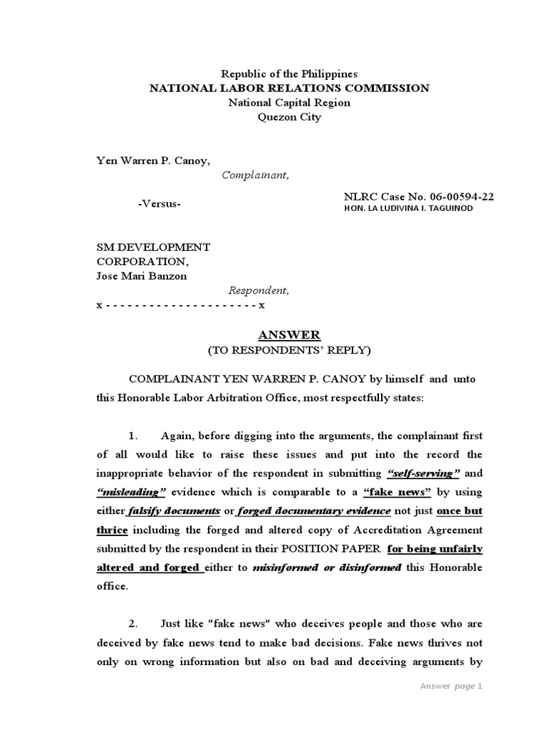 Answer To Respondent's Reply .Edited | PDF | Argument | Employment