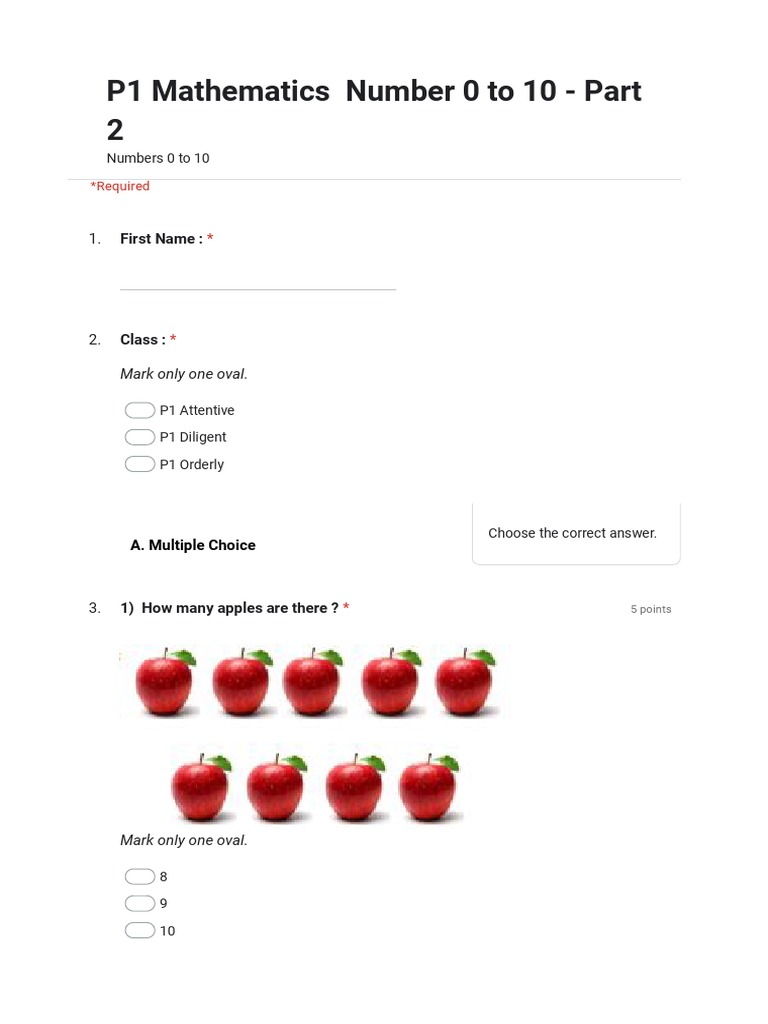 P1 Mathematics Number 0 To 10 - Part 2 - Google Forms | PDF